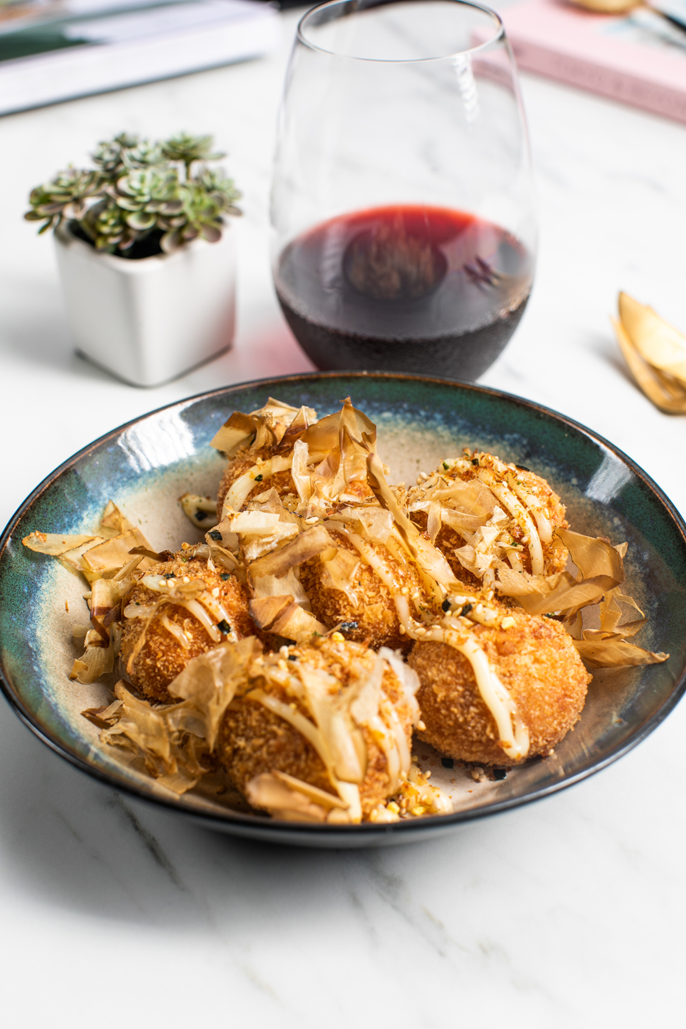 Octopus Arancini, chorizo, mozzarella, Jaew mayo, bonito flakes ...